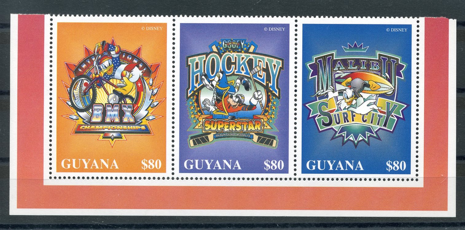 467458) Triple strisce Guyana n. 5635-5637 **, Walt Disney, distintivo